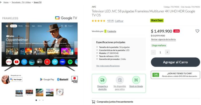 El gigante televisor en Falabella de 58 pulgadas que tiene el 55% de ...